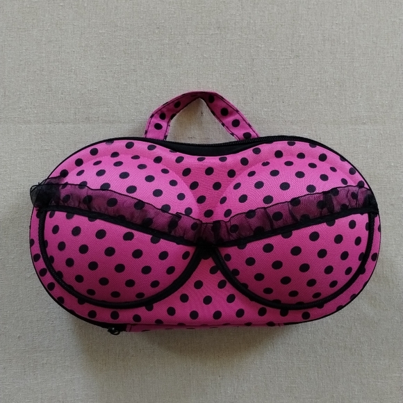 Bags | Pink And Black Polka Dots Ruffles Travel Bra Case With Handle ...